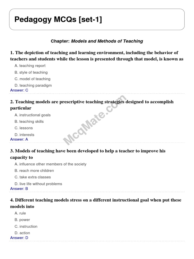 Pedagogy (Chapter - Models and Methods of Teaching) Solved MCQs (Set-1 ...