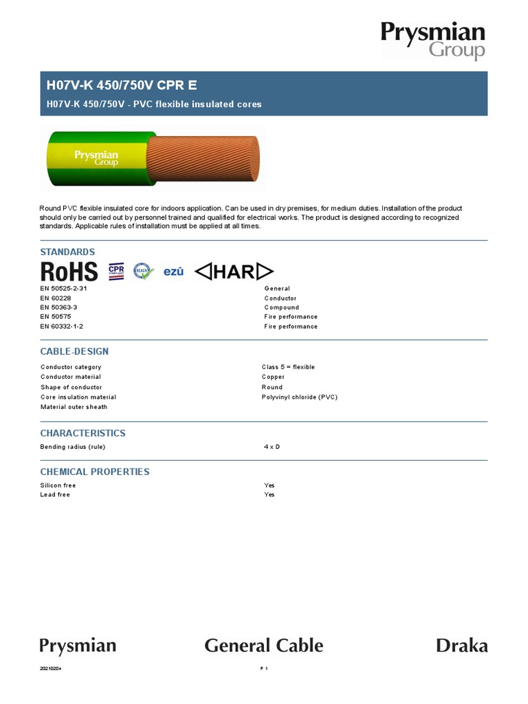 H07V-K 450/750V Cable Specifications | PDF | Insulator (Electricity ...