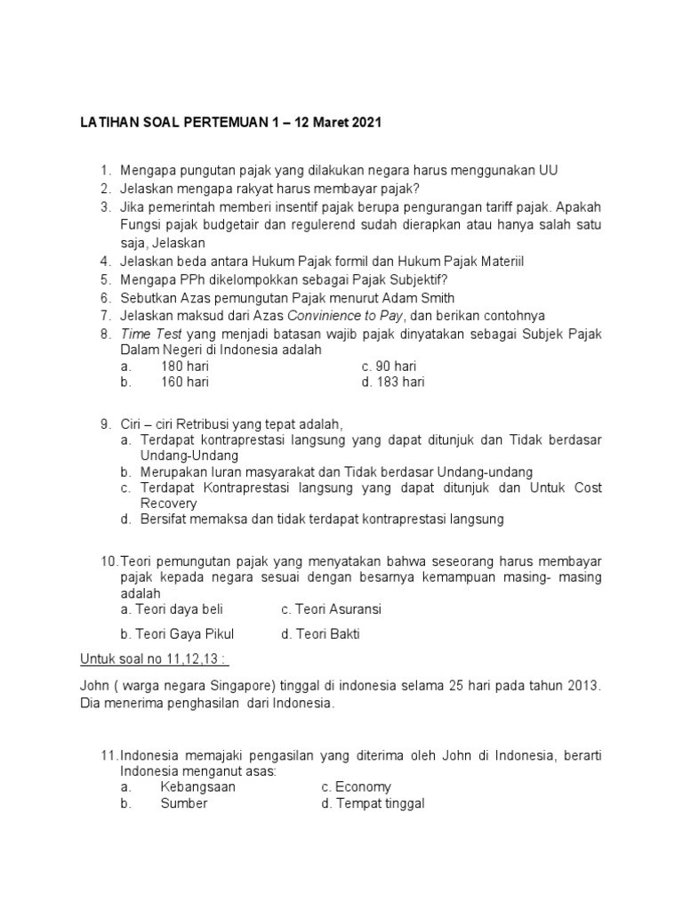 Latihan Soal Minggu 1 - Perpajakan 1 - Genap 21-22 | PDF | Hukum