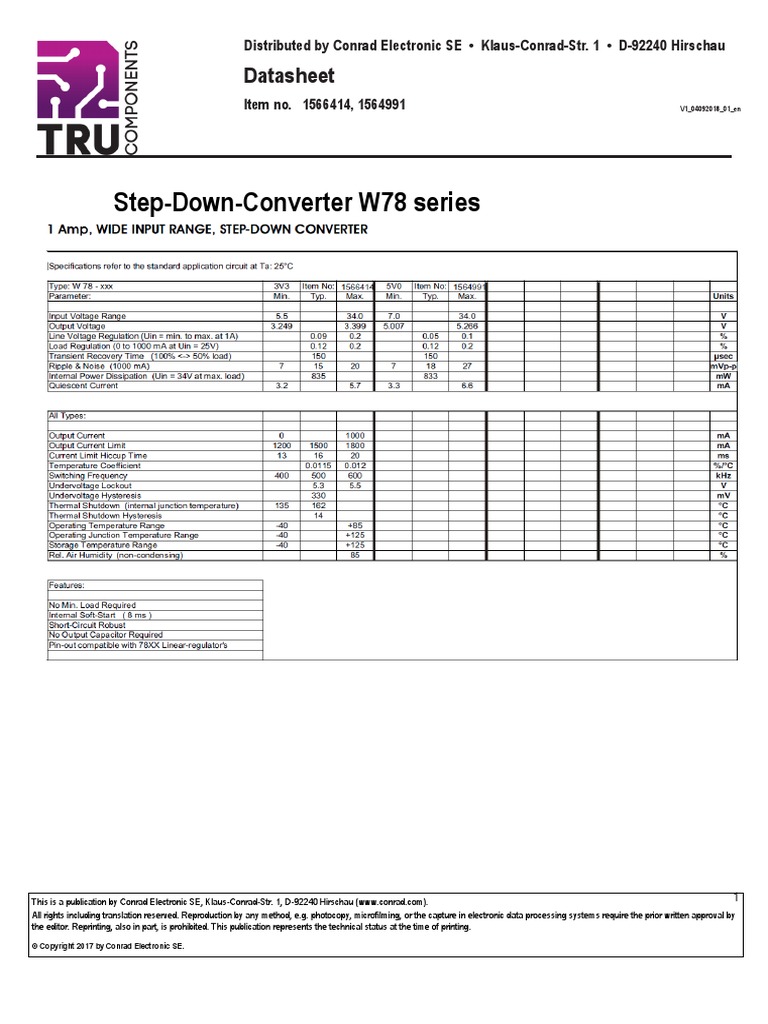 Datenblatt 1566414 Tru Components w78 3v3 Spannungsregler DCDC ...