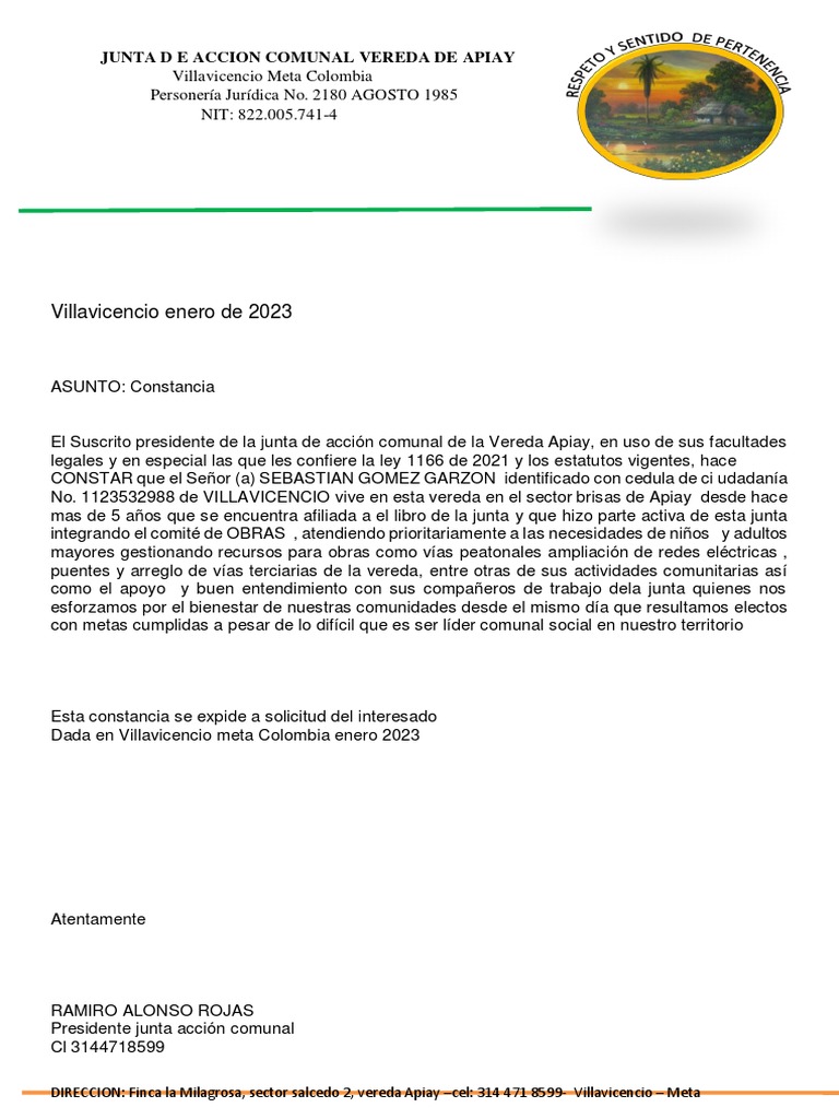 Villavicencio Enero de 2023: Junta D E Accion Comunal Vereda de Apiay | PDF