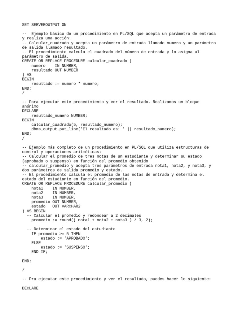 Procedimientos y funciones PL/SQL para gestionar datos y realizar cálculos | PDF | Pl / Sql | Datos