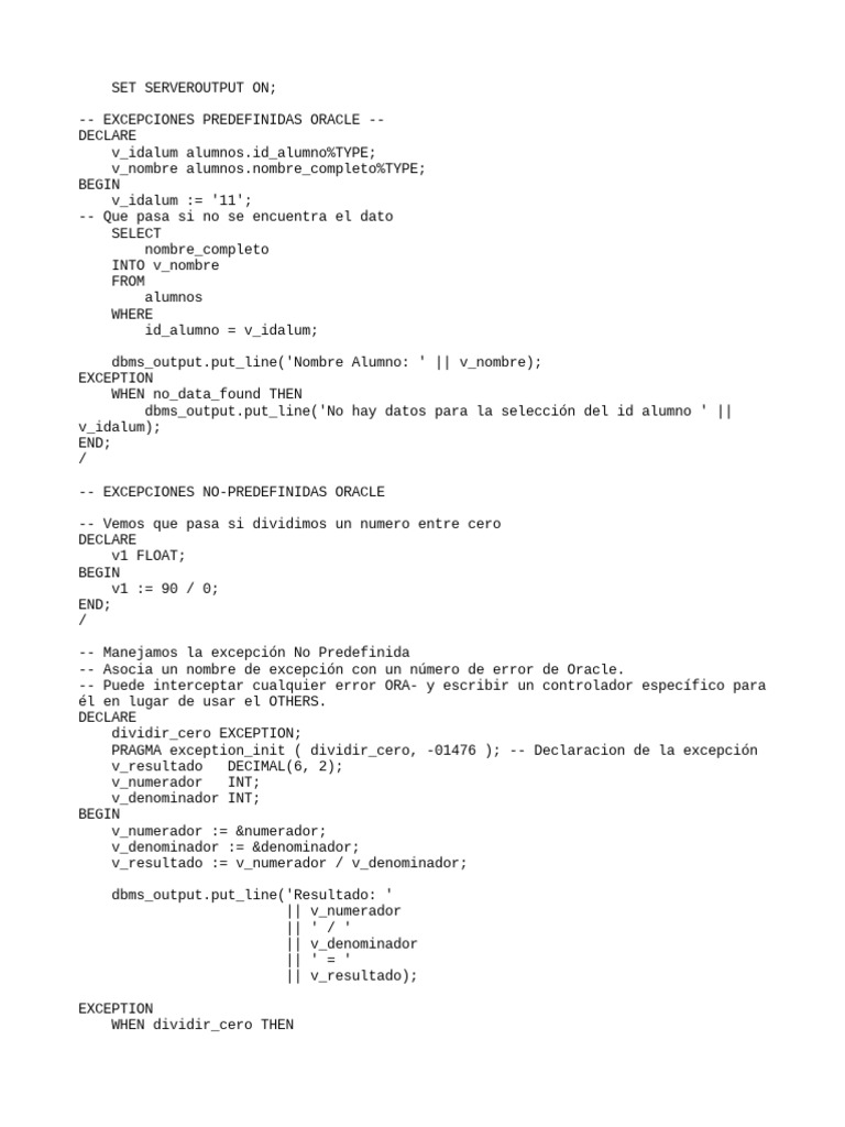 Manejo de Excepciones en PL/SQL Oracle | PDF | Ingeniería de software | Programación de computadoras