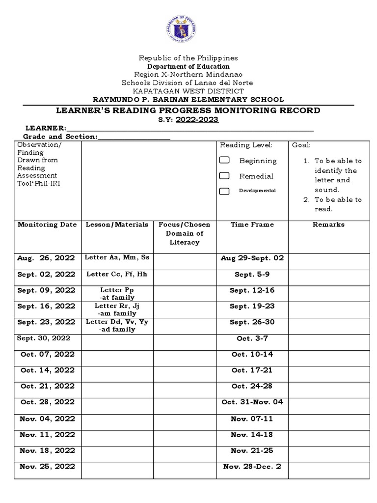 Learner Reading Progress Record 2022-2023 | PDF | Learning Methods ...
