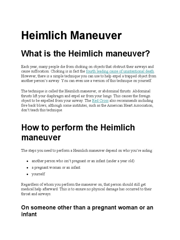 Heimlich Maneuver Notes | PDF | Survival Skills | Clinical Medicine