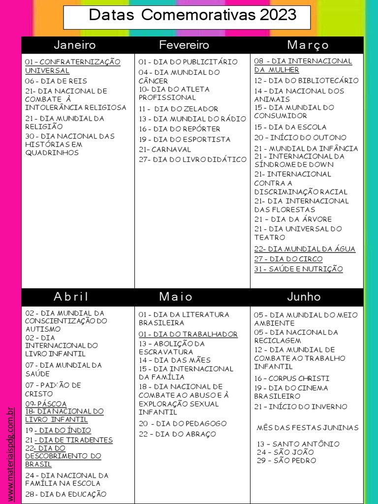 Calendário de Datas Comemorativas 2023 | PDF
