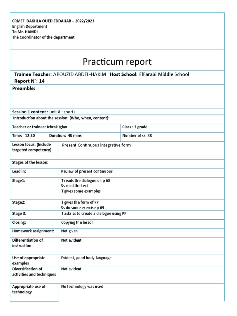 Practicum Report: Trainee Teacher: Abouzid Abdel-Hakim Host School ...
