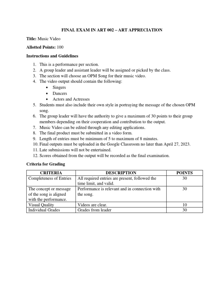 Creating Music Videos: A Final Exam Project in Art Appreciation | PDF