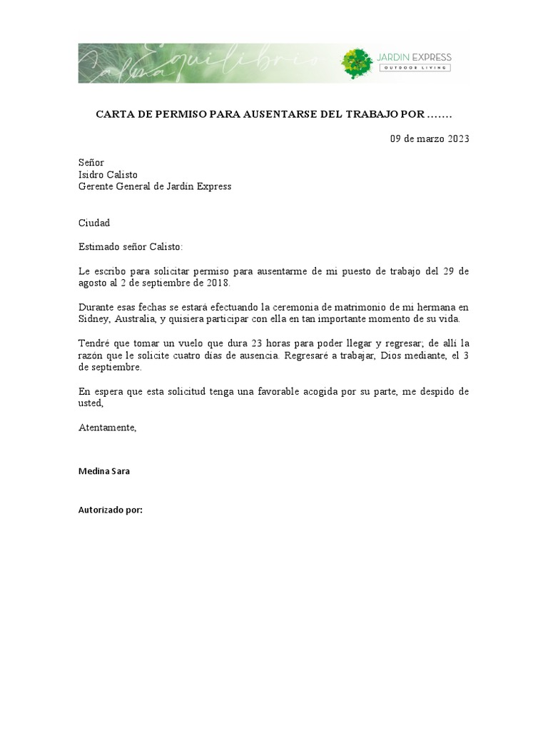 CARTA DE PERMISO PARA AUSENTARSE DEL TRABAJO POR Sara | PDF