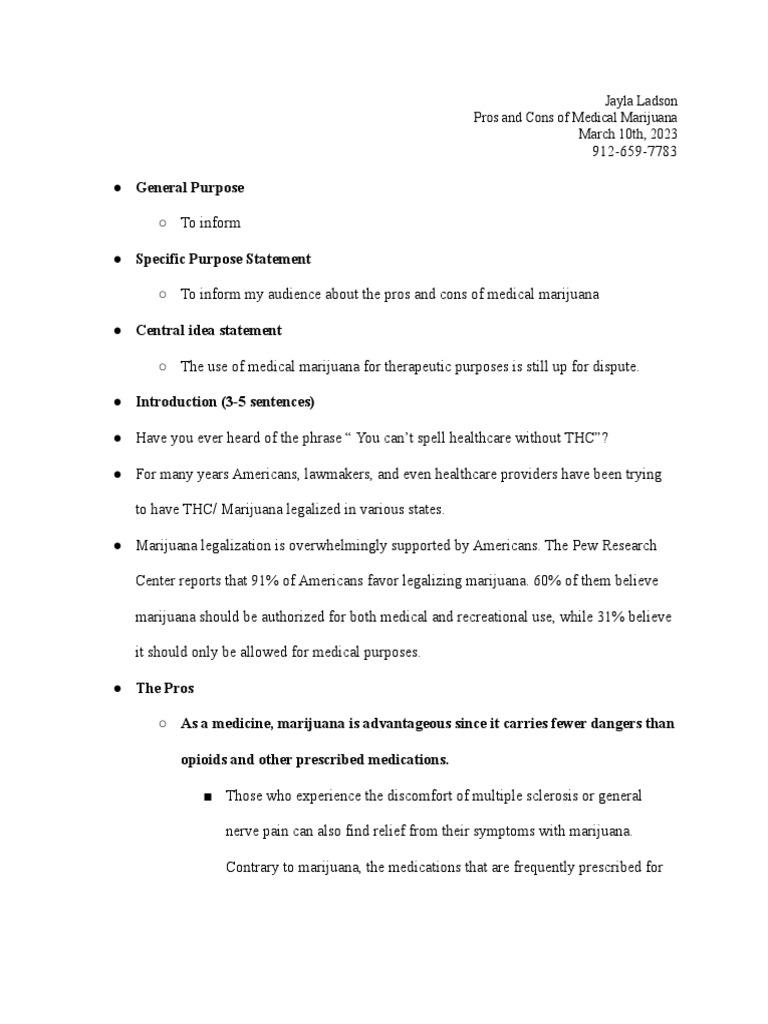 Pros and Cons of Medical Marijuana Informative Speech Outline | PDF ...