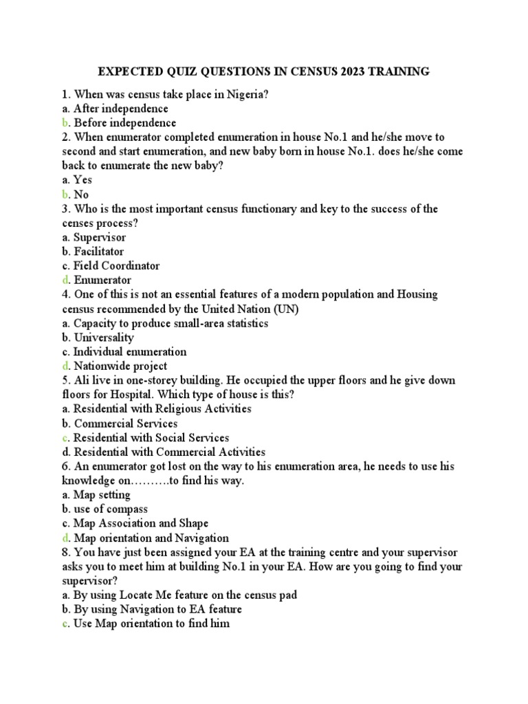 Expected Quiz Questions in Census 2023 Training | Download Free PDF ...