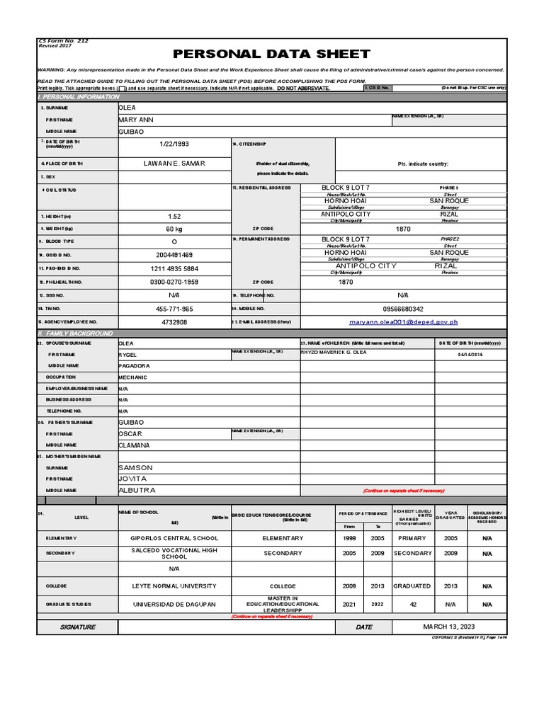 Personal Data Sheet | PDF | Teachers | Government