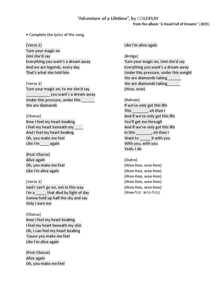 Complete Lyrics to "Adventure of a Lifetime" | PDF