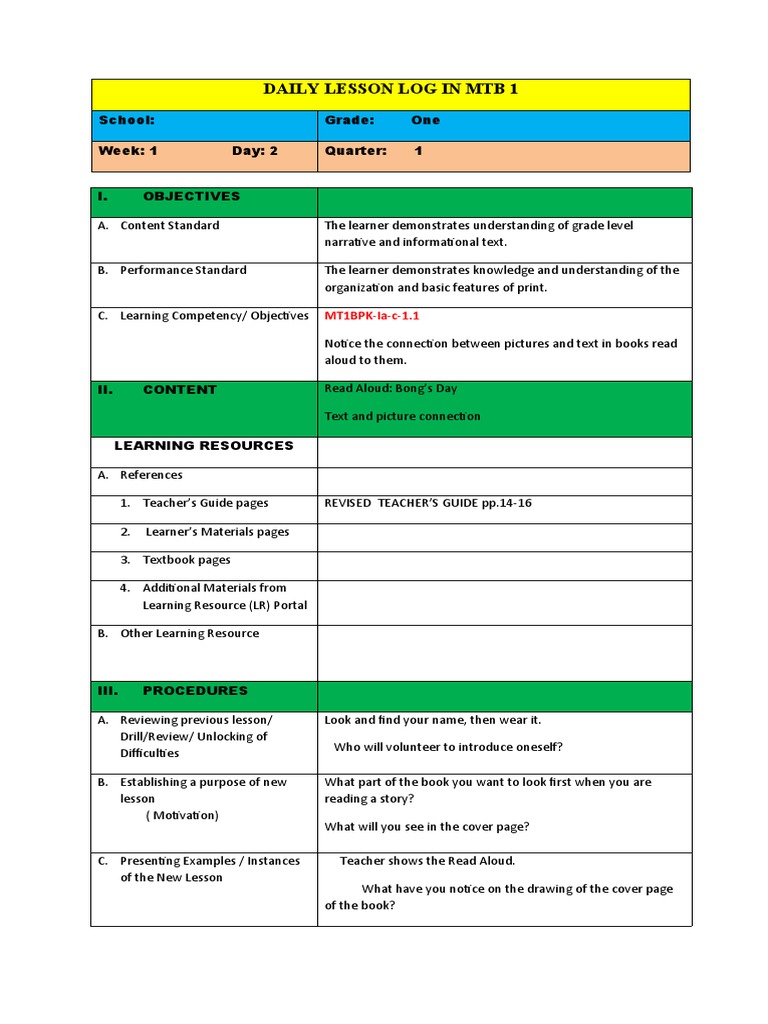 Daily Lesson Log in MTB 1: MT1BPK-Ia-c-1.1 | PDF | Learning | Teachers