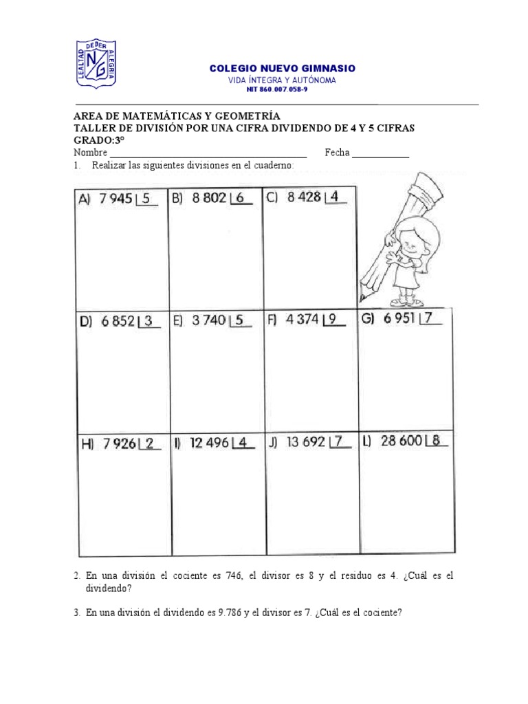Taller de división por una cifra con dividendo de 4 y 5 cifras | PDF