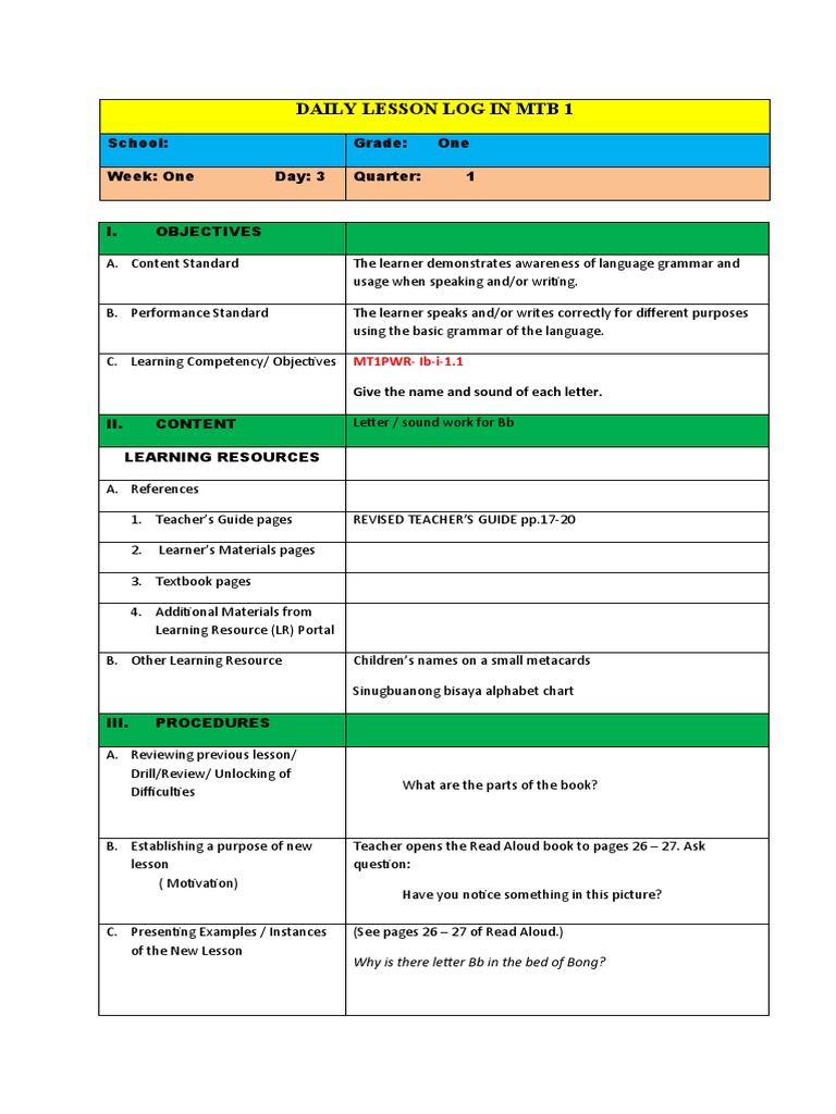 Daily Lesson Log in MTB 1: MT1PWR-Ib-i-1.1 | PDF | Learning | Human ...
