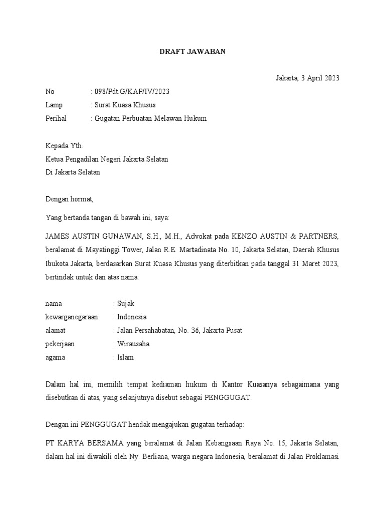 Draft Latihan Surat Gugatan | PDF