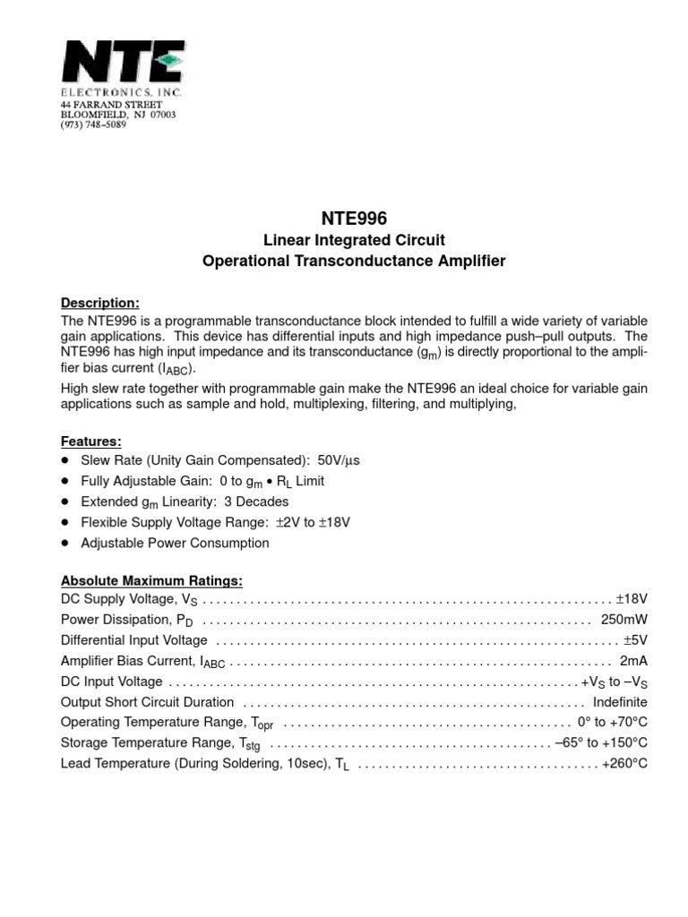 Nte996 CA3080 EQUIVALENTE | PDF | Amplifier | Electrical Engineering