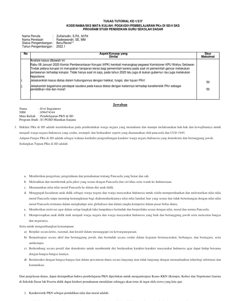 Tugas Tutorial Ke-1/2/3 Kode/Nama/Sks Mata Kuliah: Pdgk4201/Pembelajaran PKN Di Sd/4 Sks Program ...