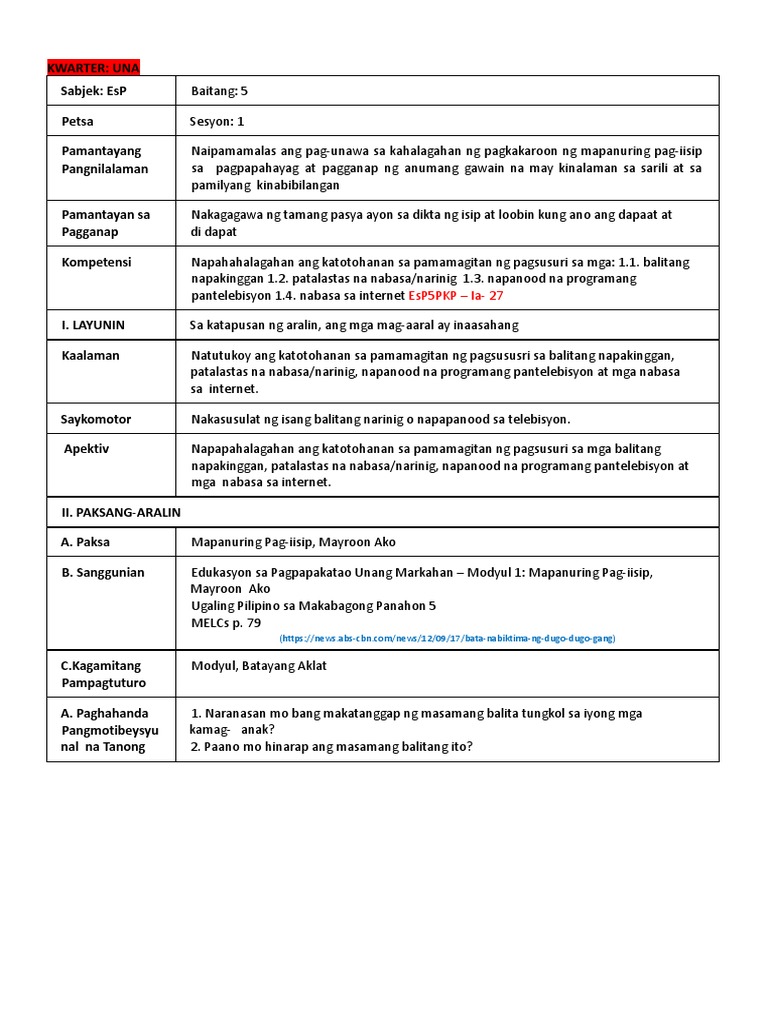DLP EsP5 Q1 M1 Sesyon1-4 | PDF