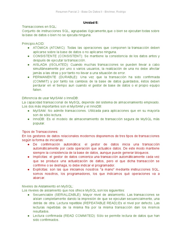 Transacciones SQL y Principios ACID | PDF | SQL | Almacenador intermediario de datos
