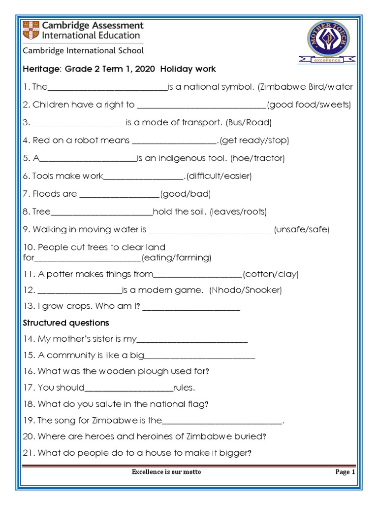 0 Grade 2 Term 1 Holiday Work Pdf Water Plural