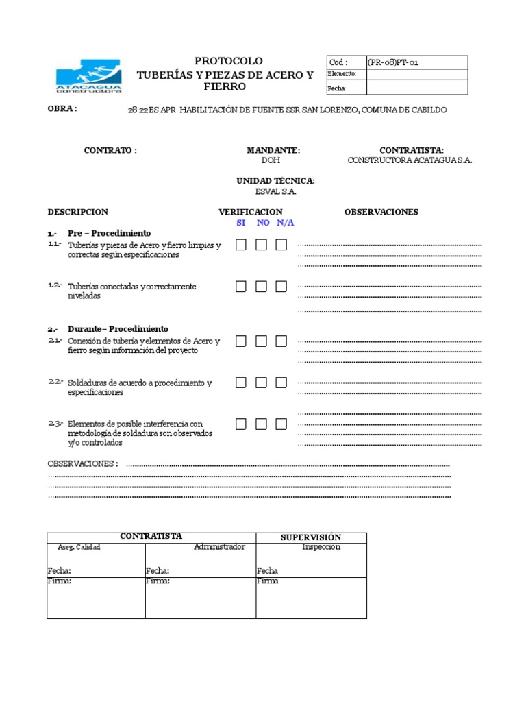 (PR-08) PT-01 Protocolo Tuberias Acero | PDF | Acero