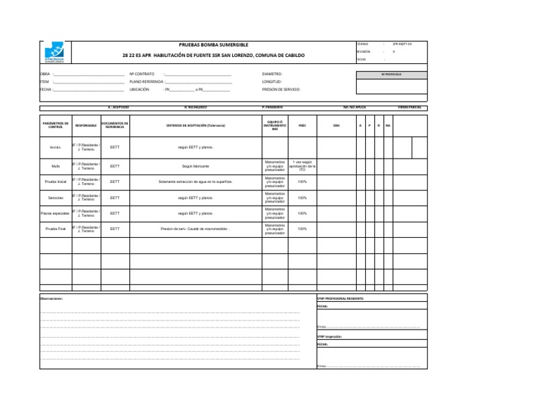 (PR-08) PT-02 Protocolo Instalación de Bomba | PDF