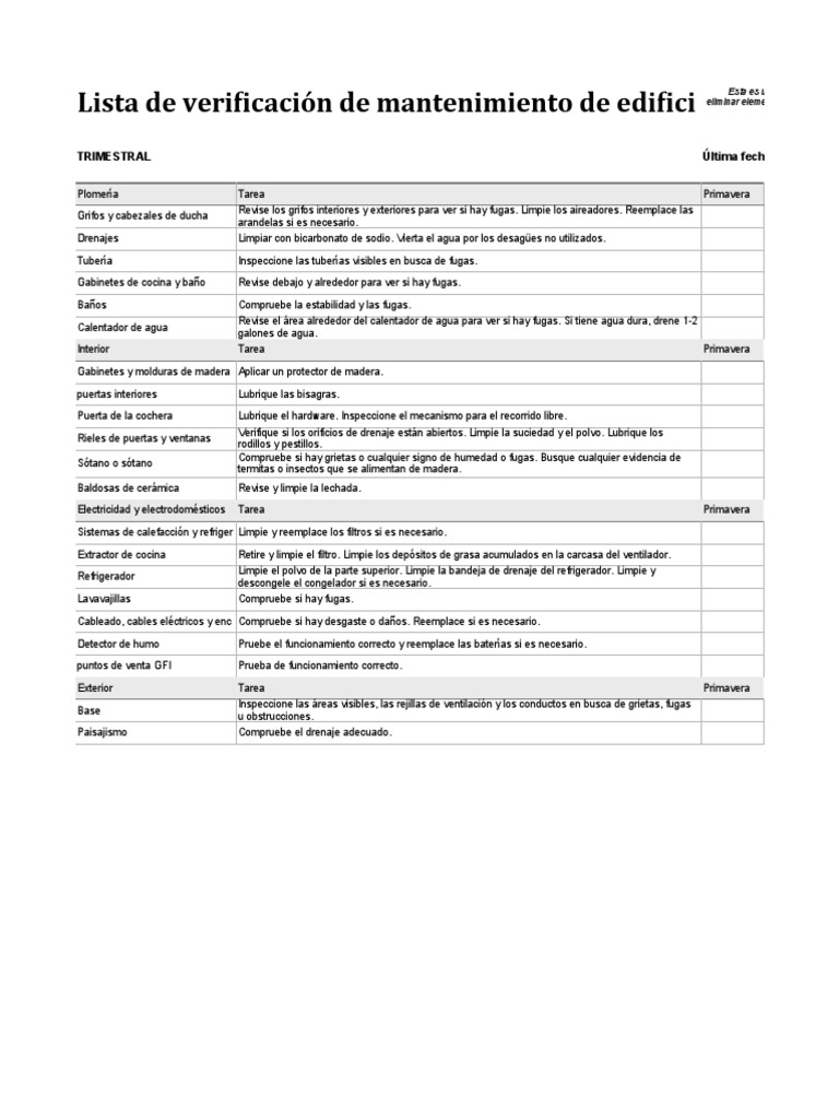 Checklist de Mantenimiento de Edificios | PDF | Chimenea | Ducha