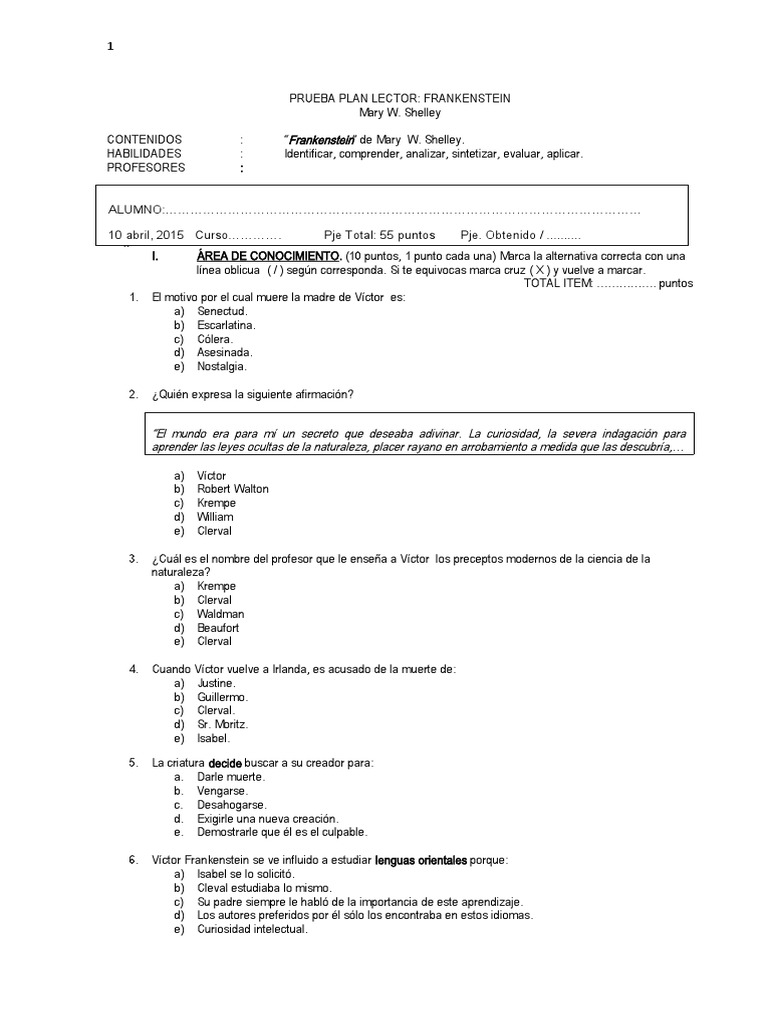 Prueba FRANKENSTEIN | PDF | Frankenstein