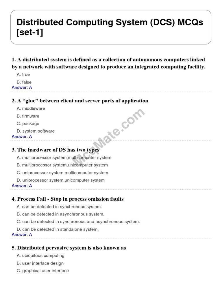 Distributed Computing System (DCS) Solved MCQs (Set-1) | PDF | Server (Computing) | Osi Model