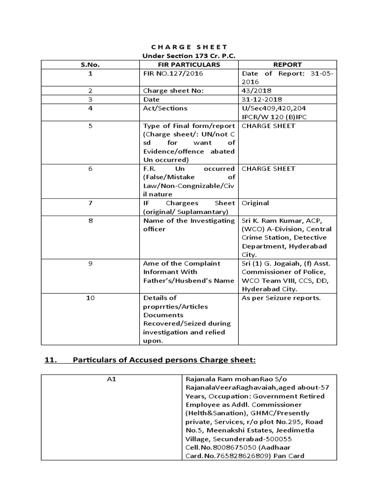 Charge Sheet Under Section 173 Cr. P.C. S.No. Fir Particulars | PDF