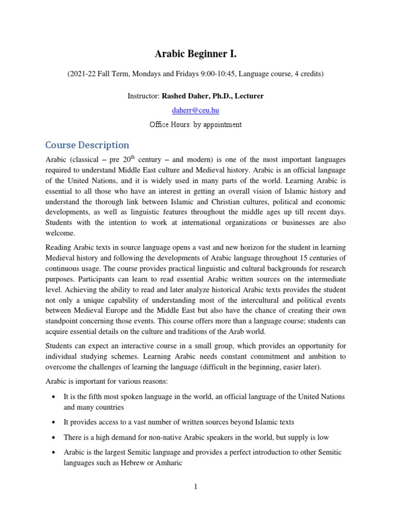 Syllabus Arabic Beginner 2021-22 Fall | PDF | Arabic | Persian Language