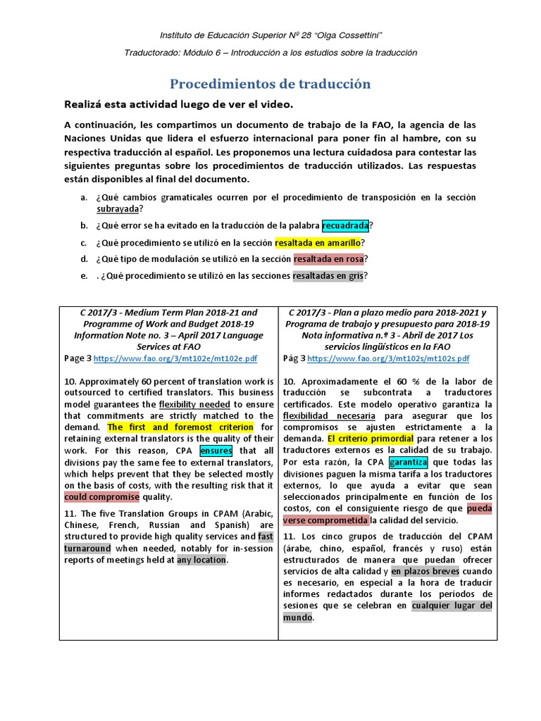 Actividad Procedimientos de Traduccion 1 | PDF | Traducciones | Ciencia ...