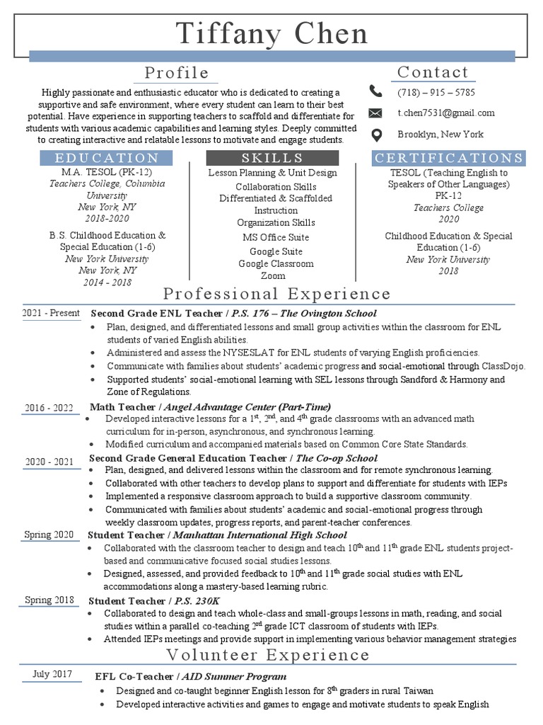 Resume Tiffany Chen | PDF | English As A Second Or Foreign Language | Teachers