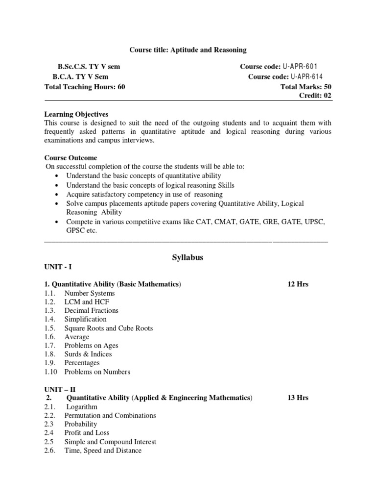 Syllabus of Aptitude and Reasoning | PDF | Reason | Mathematics
