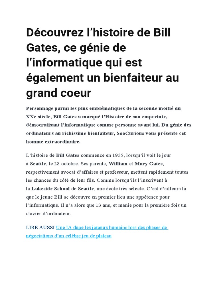 L'Histoire de Bill Gates et son impact | PDF | Microsoft | Fondation ...