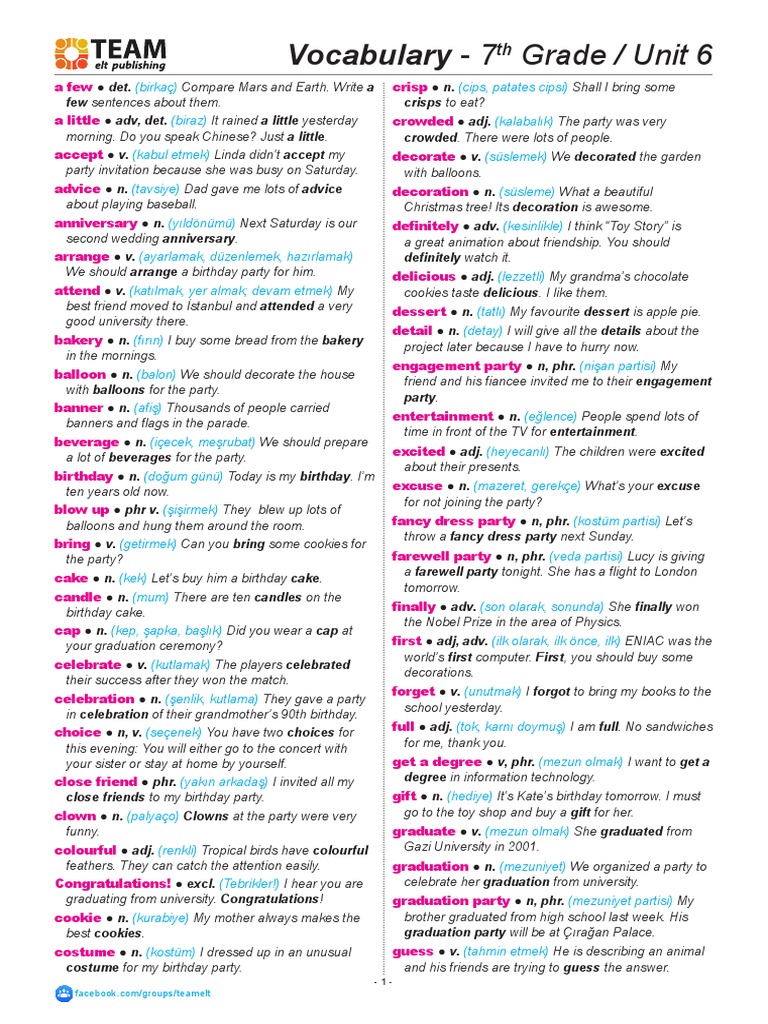 Vocabulary - 7: Grade / Unit 6 | PDF