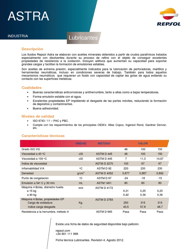 Ficha T Repsol Astra | PDF | Lubricante | Ingeniería mecánica