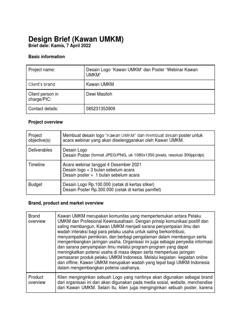 Design Brief (Kawan UMKM) : Brief Date: Kamis, 7 April 2022 Basic Information | PDF
