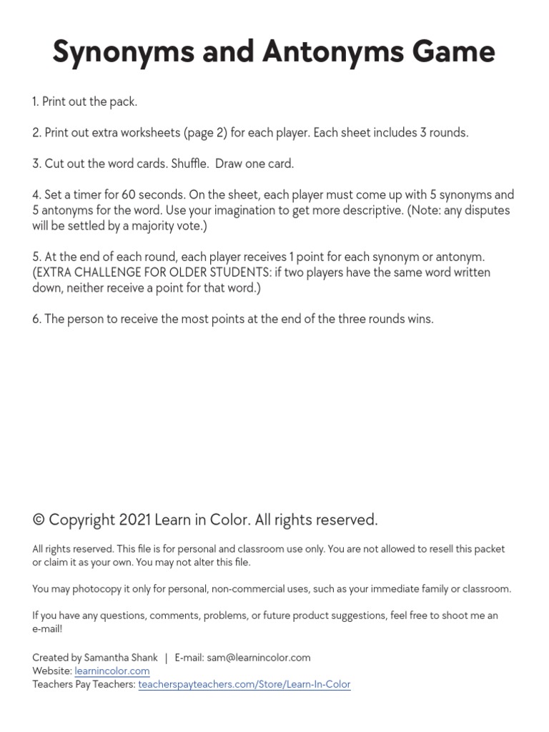 Synonyms and Antonyms Game | PDF