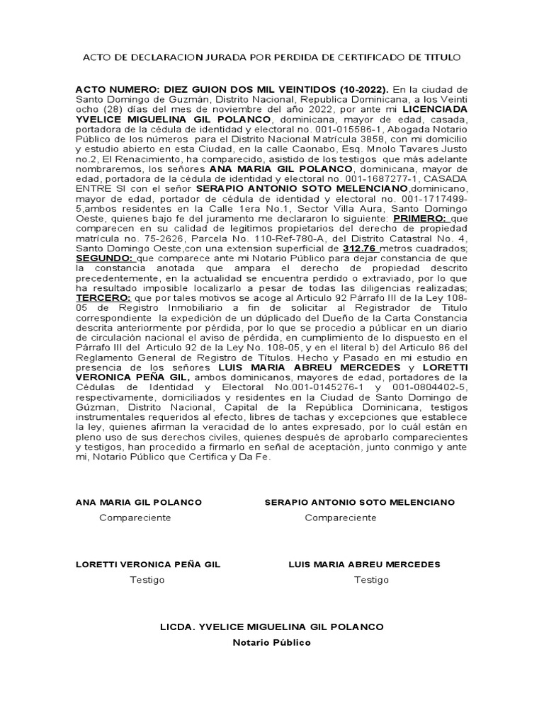 Acto de Declaracion Jurada Por Perdida de Certificado de Titulo | PDF | República Dominicana ...