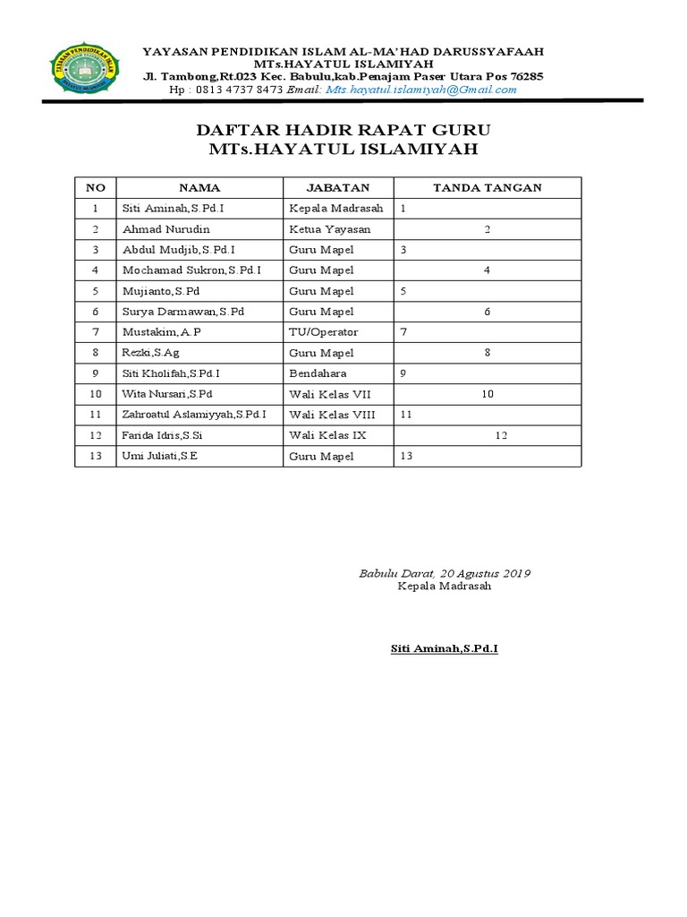 Daftar Hadir Rapat Guru | PDF