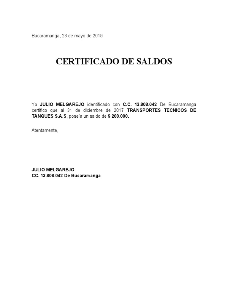 Certificado de Saldos: Bucaramanga, 23 de Mayo de 2019 | PDF