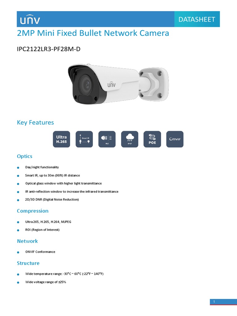 UNV IPC2122LR3-PF28M-D 2MP Mini Fixed Bullet Network Camera V1.3 | PDF | Infrared | Camera
