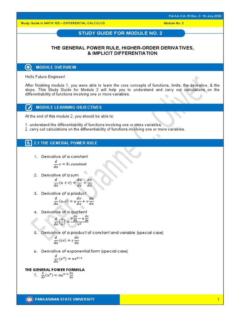 Study Guide - 2 - Math 102-DC-dianne Oliver | PDF | Derivative | Algebra
