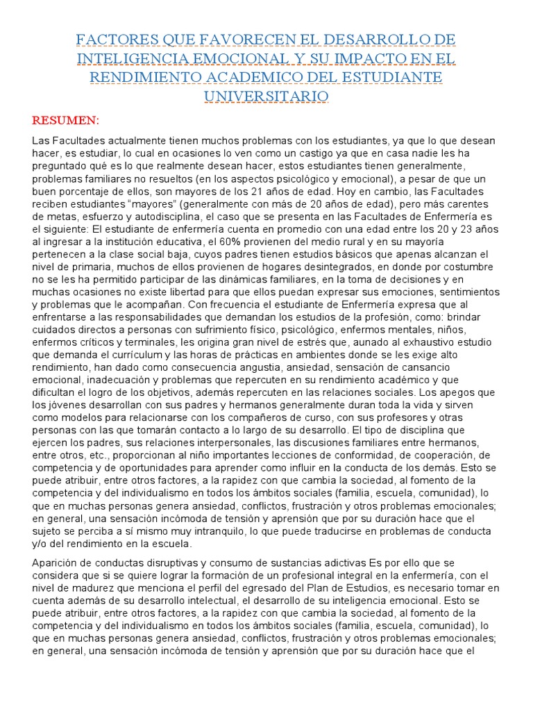 Factores Que Favorecen El Desarrollo de Inteligencia Emocional y Su Impacto en El Rendimiento ...