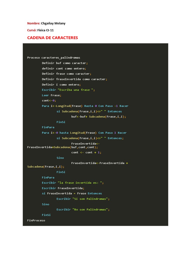 Cadena de Caracteres: Chgañay Melany Física CI-11 | PDF