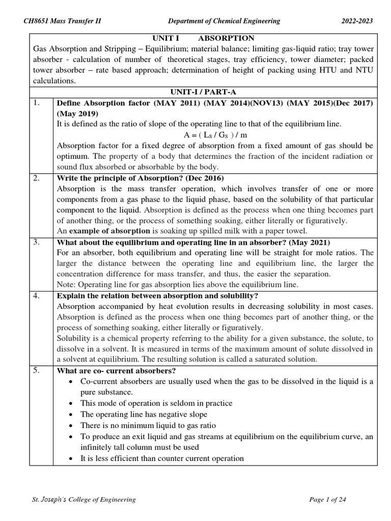 Mass Transfer 2 Notes Pdf Distillation Solubility