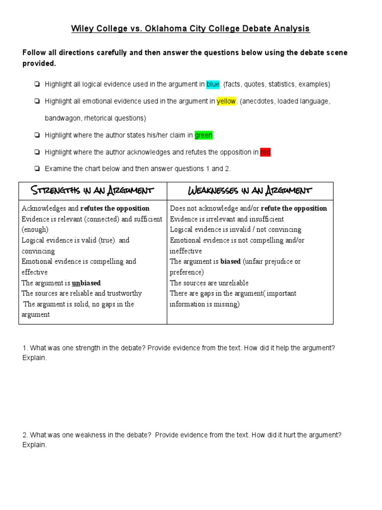 Wiley College vs. Oklahoma City College Debate Analysis | PDF ...